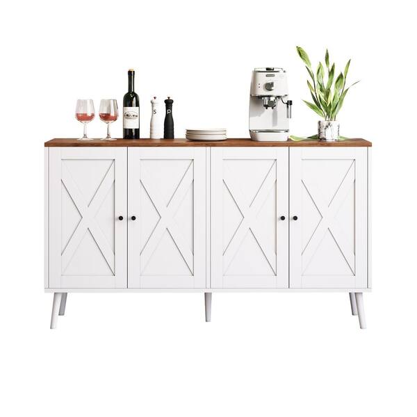 JASIWAY White Wood 55.11 in. Buffet Sideboard Cabinet with 4-Doors ...