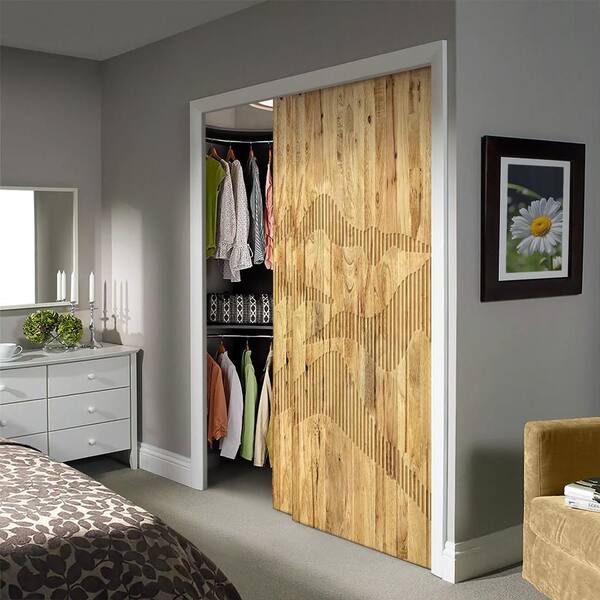 48 in. x 80 in. Hollow Core Weather Oak Stained Pine Wood Interior Double Sliding Closet Doors