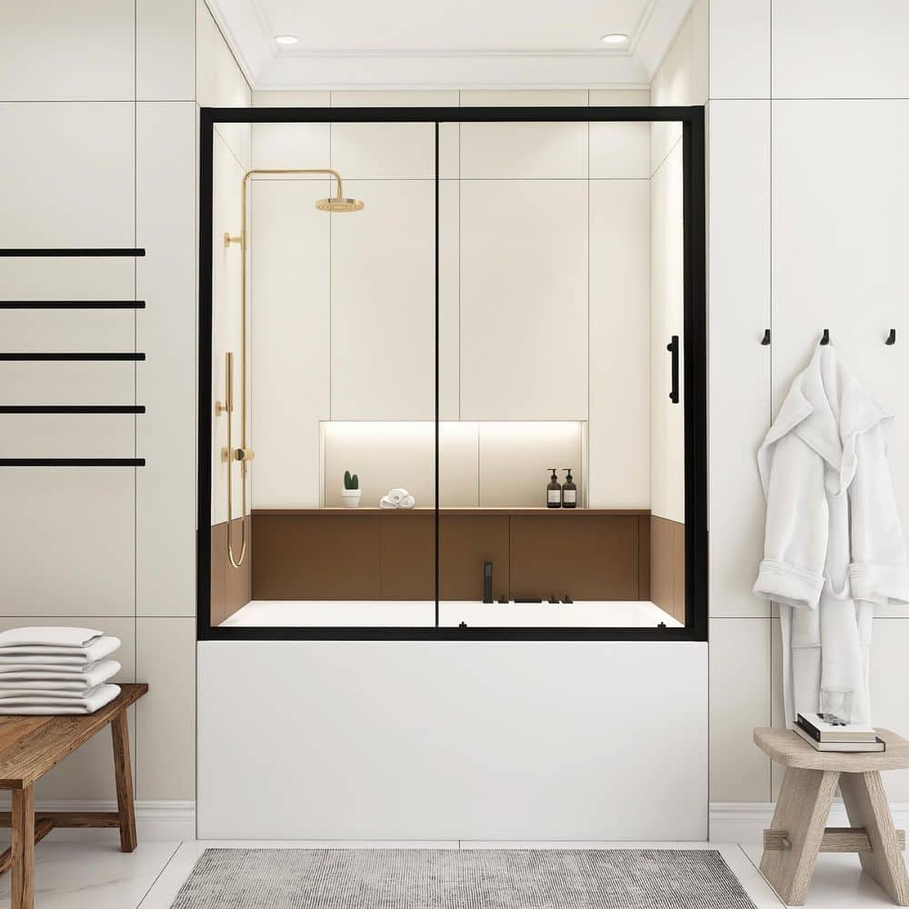 TCYO 60 in. W x 62 in. H Sliding Tub Door in Matte Black with Clear ...