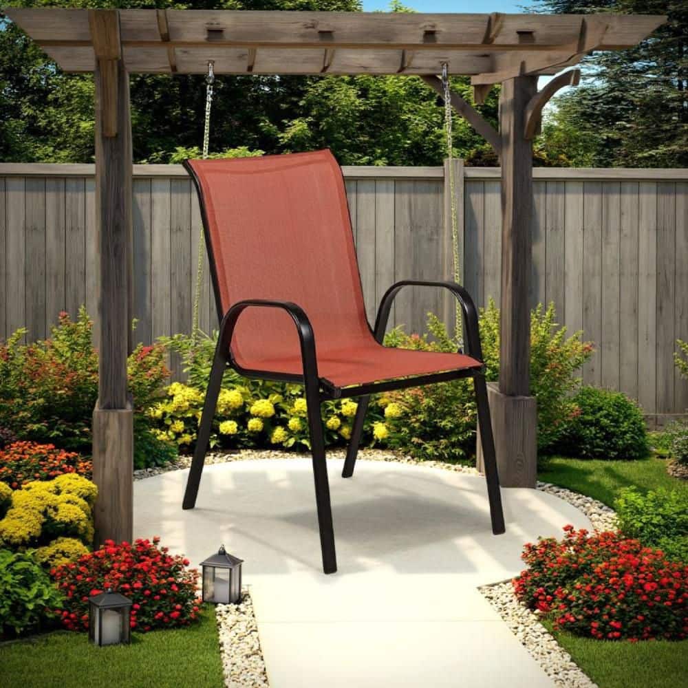 Benjara Feli Black Steel Outdoor Stacking Lounge Chair in Red Set of 2 ...