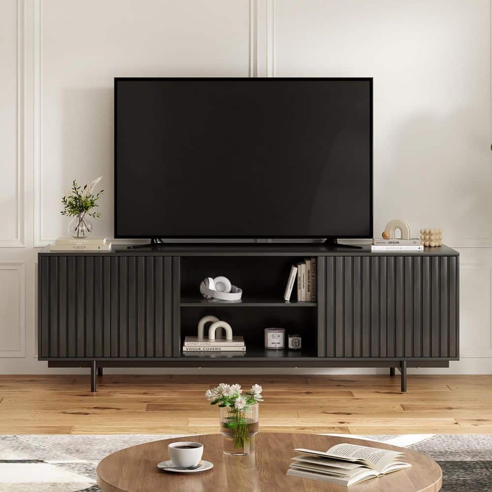 GOGEXX Black 63 in. Retro Fluted Wood TV Stand for Up to 75 in. TVs ...