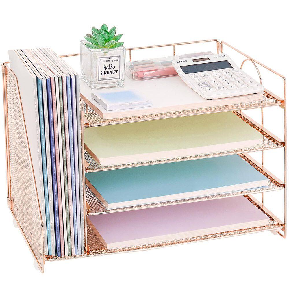 9.4 in. x 15 in. Rose Gold Desk Organizers Accessories 4-Tier Paper ...
