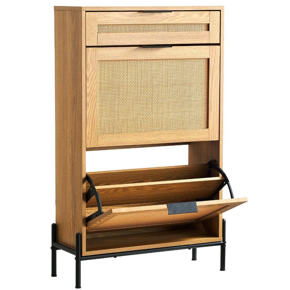 Volenca Narrow Rattan Shoe Cabinet with 2 Flip Drawers and 1 Slide ...