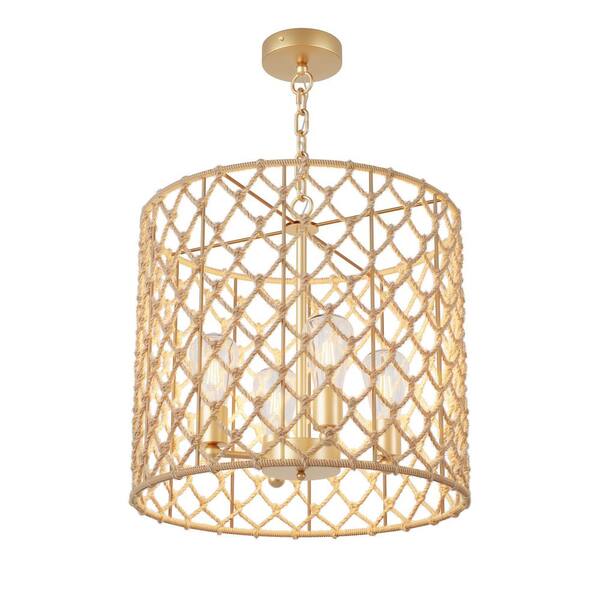 aiwen 21.25 in. 4-Light Gold Woven Chandelier Rustic Boho Height ...