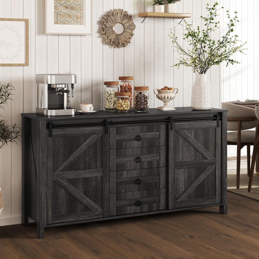 HOMCOM Farmhouse Sideboard Cabinet, Distressed Dark Gray Particle Board ...