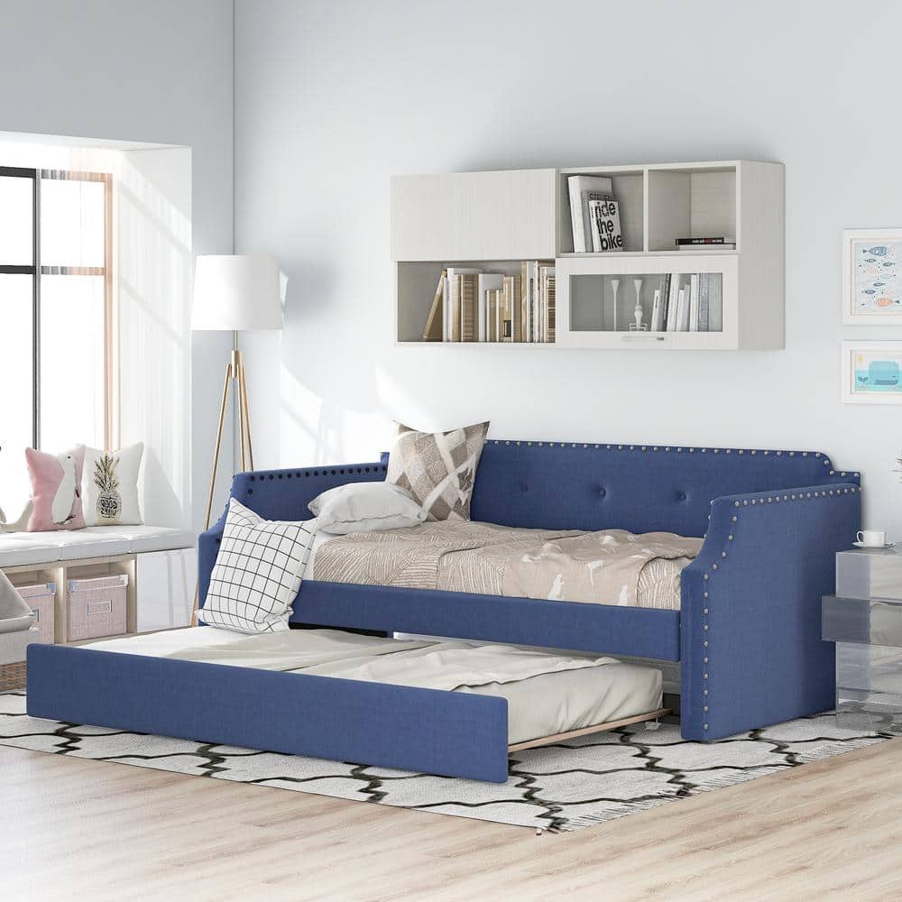 Qualler Blue Twin Size Upholstered Daybed with Trundle BWM000501C - The ...