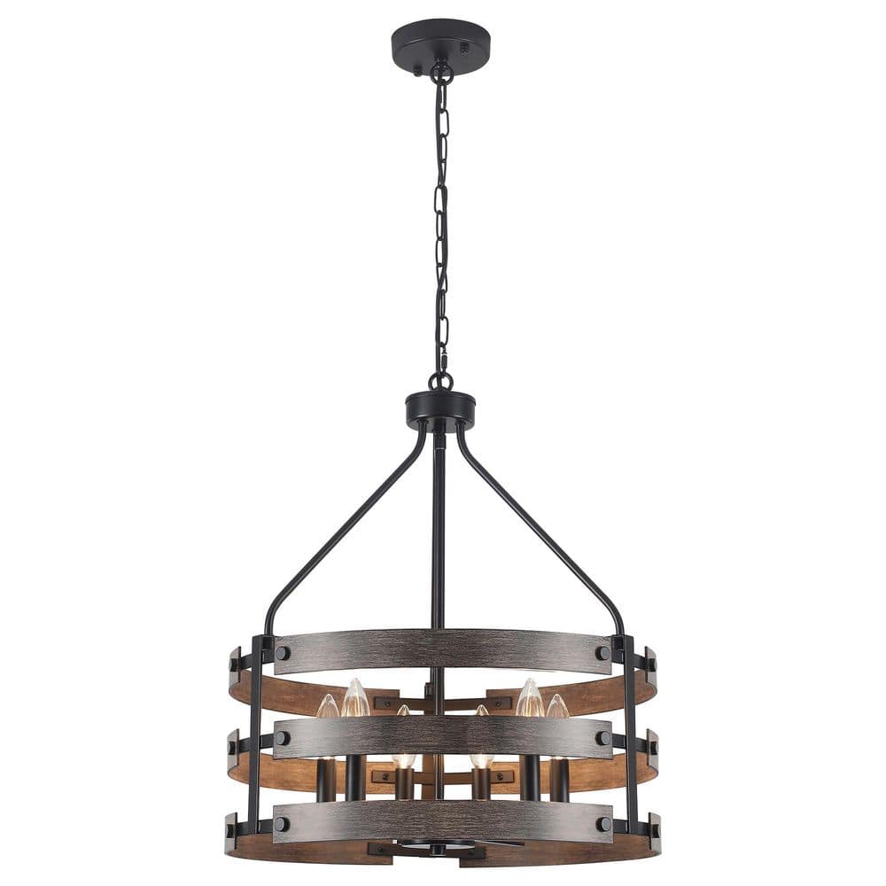 ADSENSTY 6-Light Black and Imitation Wood Grain Drum Chandelier ...