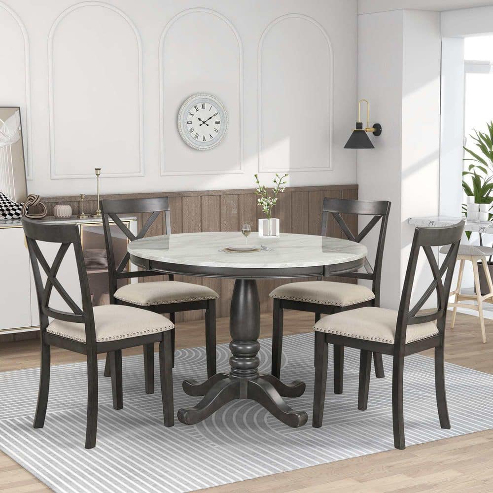 Polibi 5-Piece Round Gray Wood Top Dining Room Set Seats 4 RS-15742-AAB ...