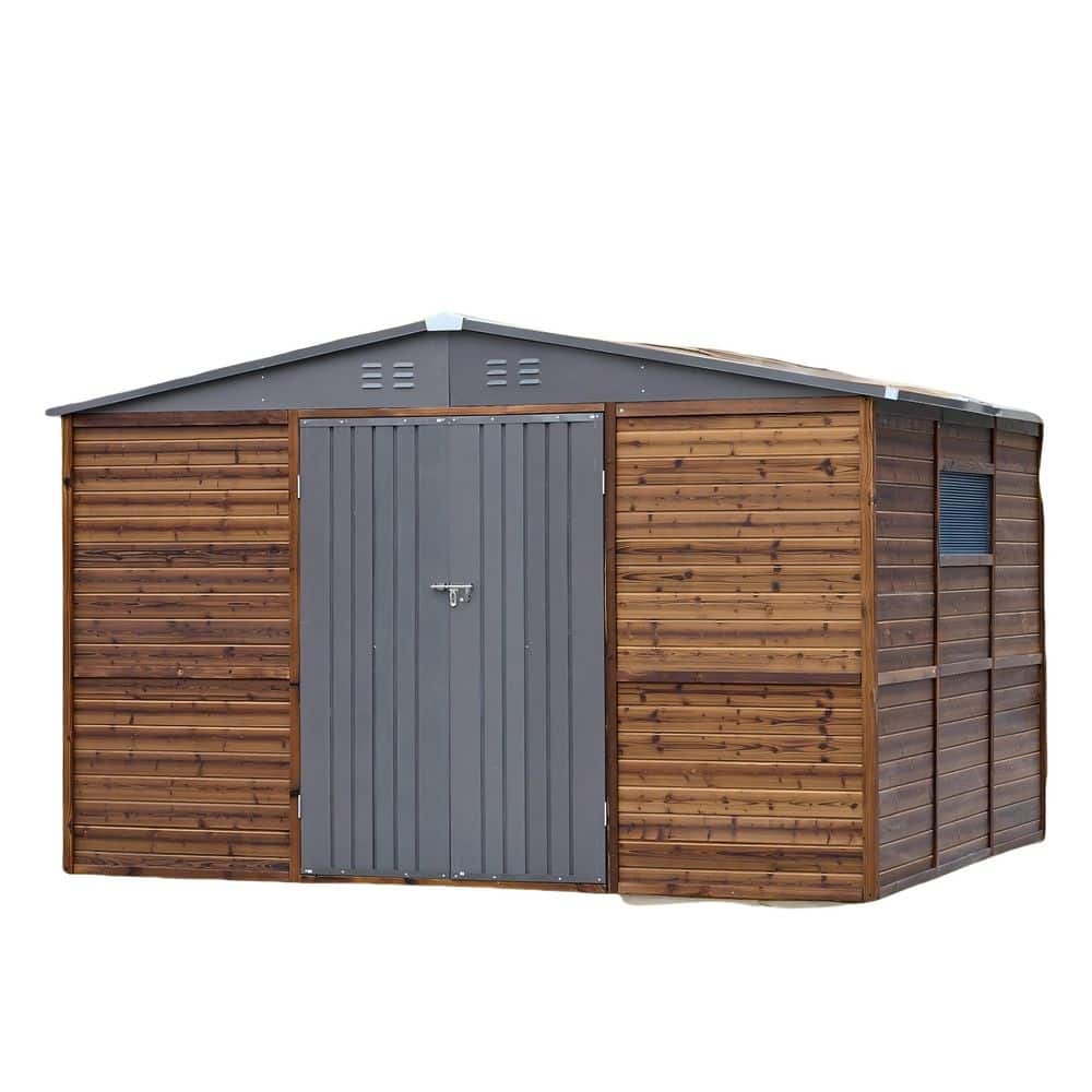 GWRGWR 8ft. x 10 ft. Outdoor Lockable Iron-Wood Storage Shed with Side ...