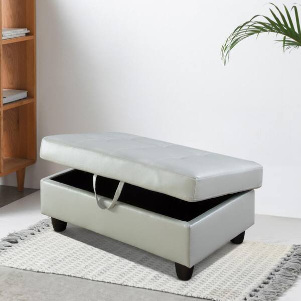 AndMakers 35 in. W Silver Green Faux Leather Rectangle Ottoman with ...