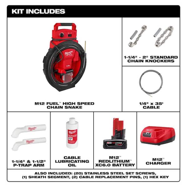 Milwaukee M12 FUEL High Speed Chain Snake for 1-1/4 in.-2 in. Pipes ...