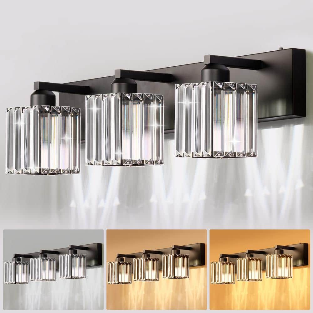 YANSUN 24 in. 3-Light Black Square Crystal Bathroom Integrated LED ...