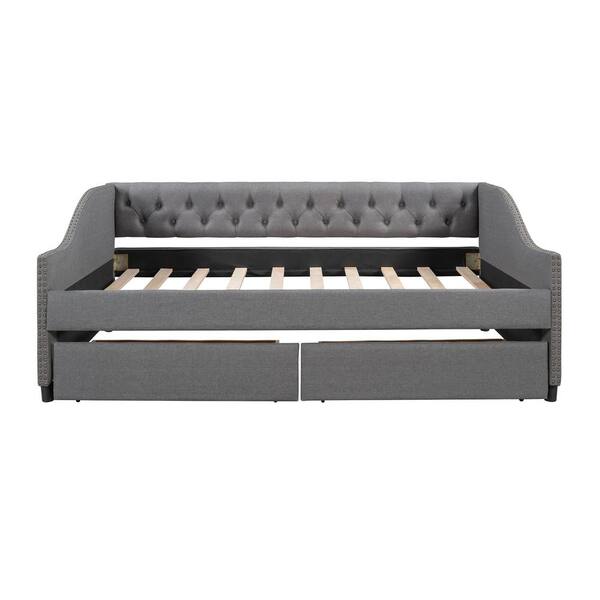 Harper And Bright Designs Button Tufted Gray Wood Full Size Linen