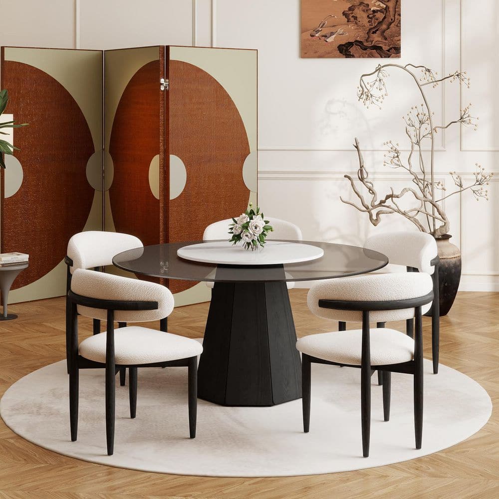 Magic Home Modern 59.05 in. Black Round Rotable Lazy Susan Tempered ...