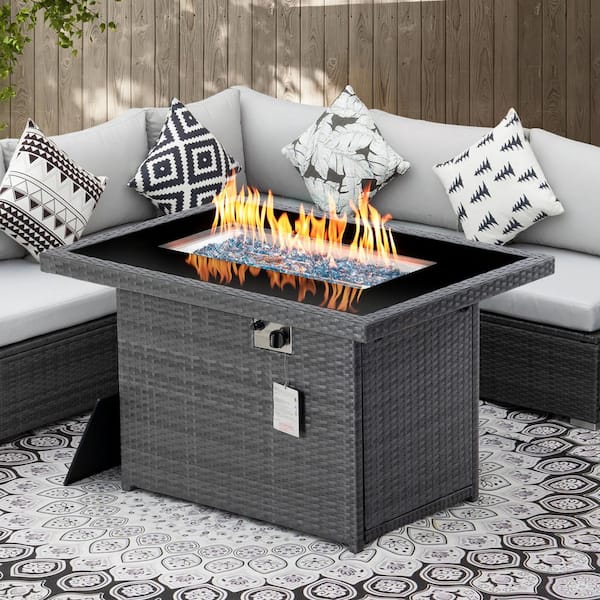 Gray 43 in. Wicker Rectangular Outdoor Gas Fire Pit Table with 60000 ...