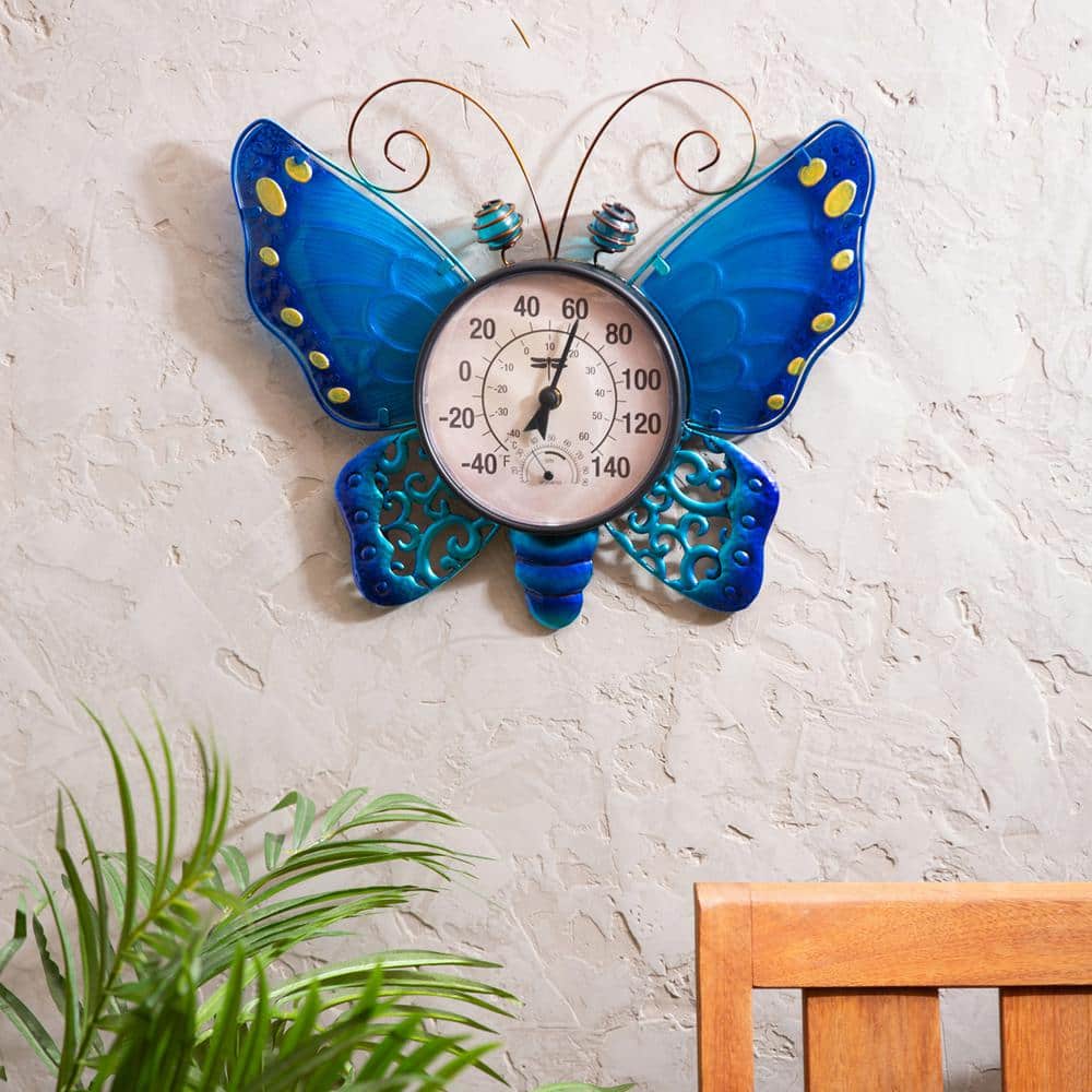 Evergreen Enterprises 13 in. Butterfly Outdoor Wall Thermometer, Blue ...
