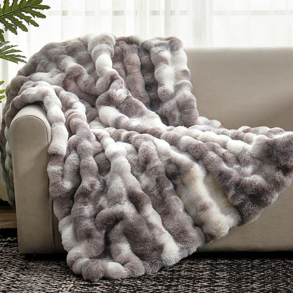 Angel Sar 50 in. x 60 in. Taupe Faux Fur Throw Blanket for Couch, Fuzzy ...