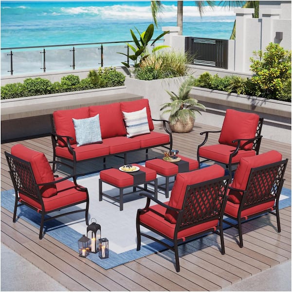 PHI VILLA Black Meshed 9-Seat 7-Piece Metal Outdoor Patio Conversation ...