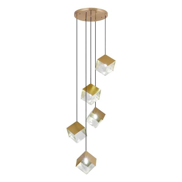 Alicia 40-Watt 5-Light Gold Cube Cluster Pendant Light with Glass Shade ...