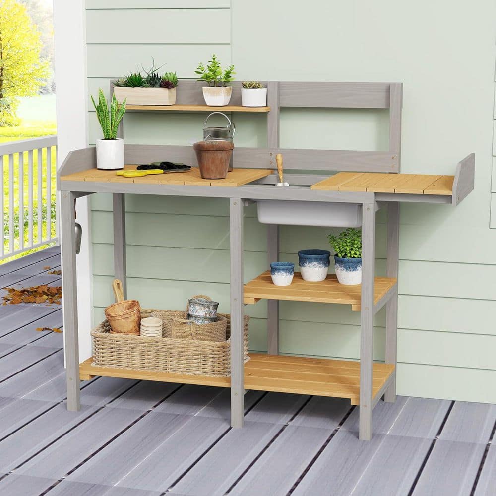 AUTMOON Outdoor Wood Potting Bench Table with Sink, Garden Table Work ...
