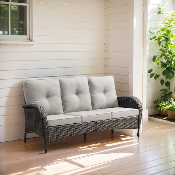 Opohoro Brown Wicker Outdoor Couch, Rattan Wicker 3-Seat Sofa Deep Seat ...