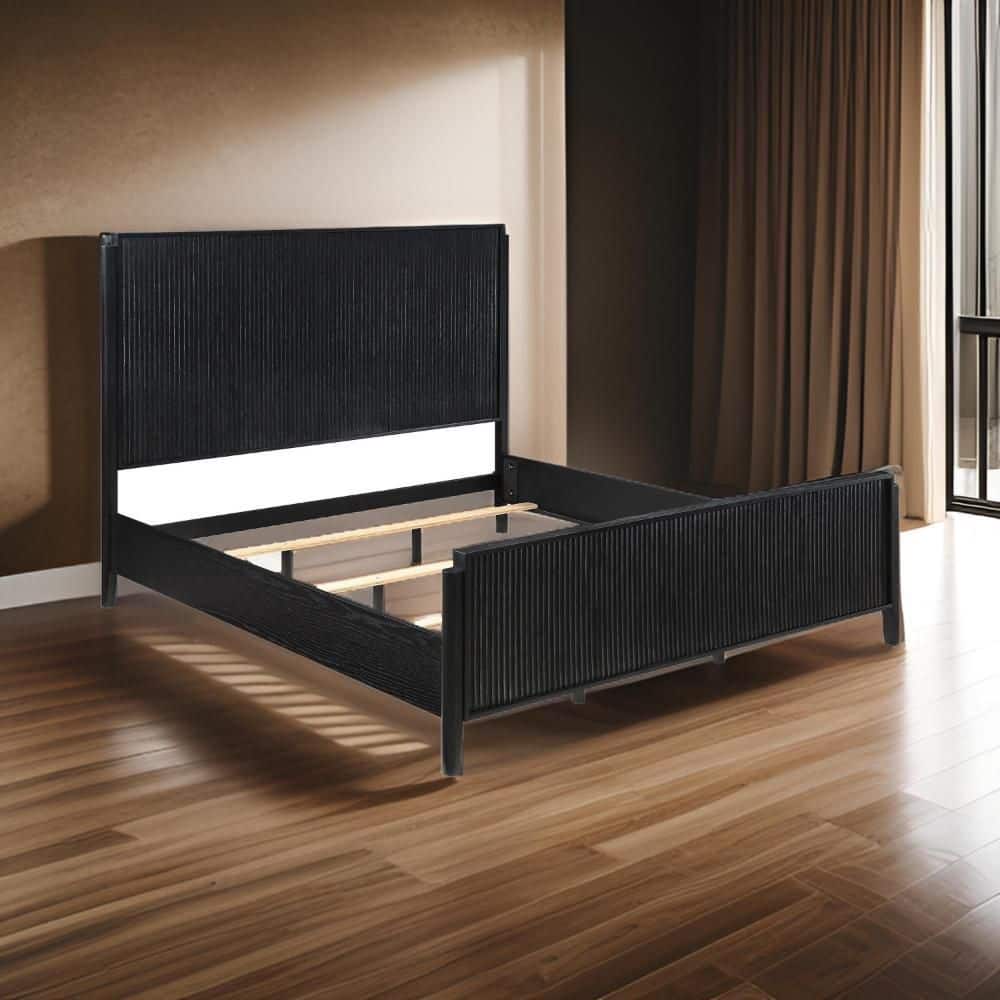 Benjara Jack Black Wood Frame King Panel Bed with Tapered Legs and ...