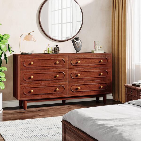 BYBLIGHT Walnut Brown 6 Drawer 55 in. Dresser Double Dresser Wood Storage Organizer Chest of Drawers for Closet Living Room BB RY0116GX