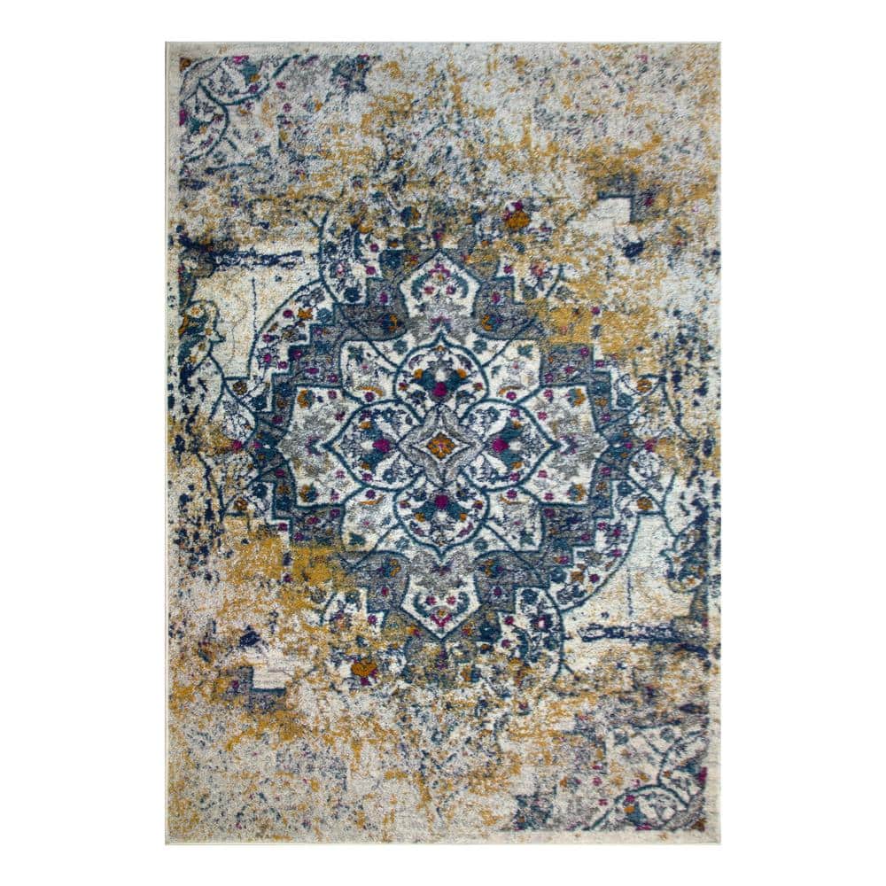 Leick Home Vienne Vintage Faded Ivory and Navy 5 ft. x 8 ft. Medallion ...