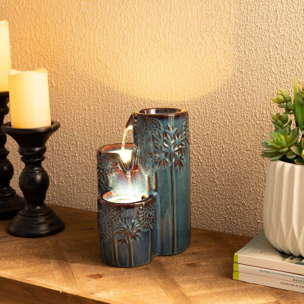 Glitzhome 10 in. H 3-Tier Turquoise Ceramic Tabletop Fountain with Pump ...