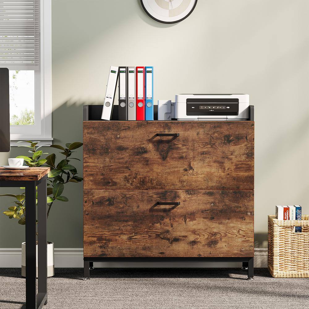 BYBLIGHT Atencio 2-Drawer Brown Wood 35.43 in. W Lateral File Cabinet ...