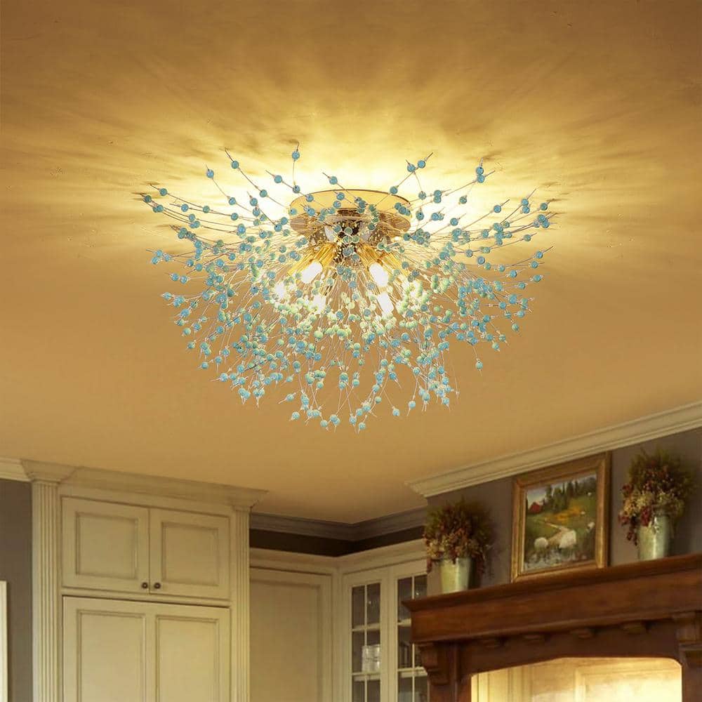 GoYeel 22.05 in. 6-Lights Dandelion Gold and Green Beaded Strings ...