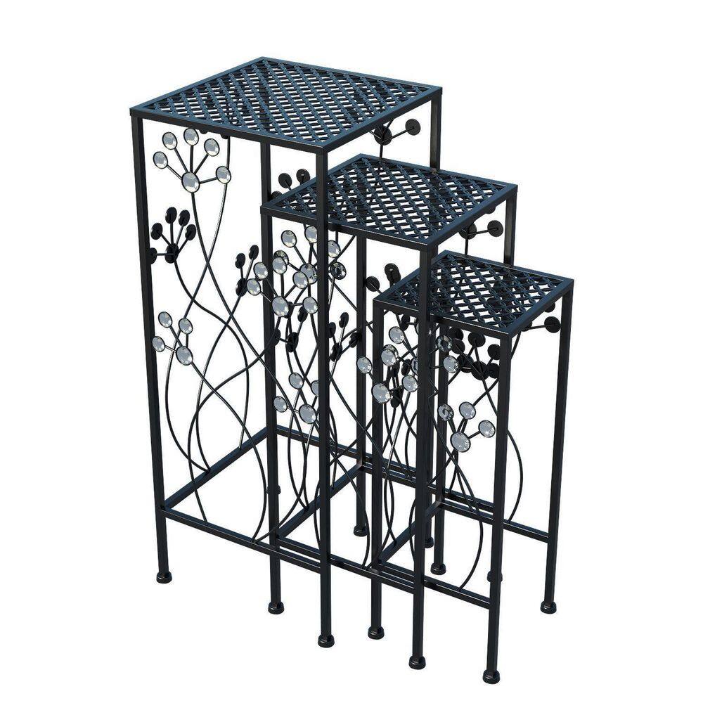 Kahomvis 3-Piece Indoor/Outdoor Black Metal Nesting Plant Shelves Plant ...