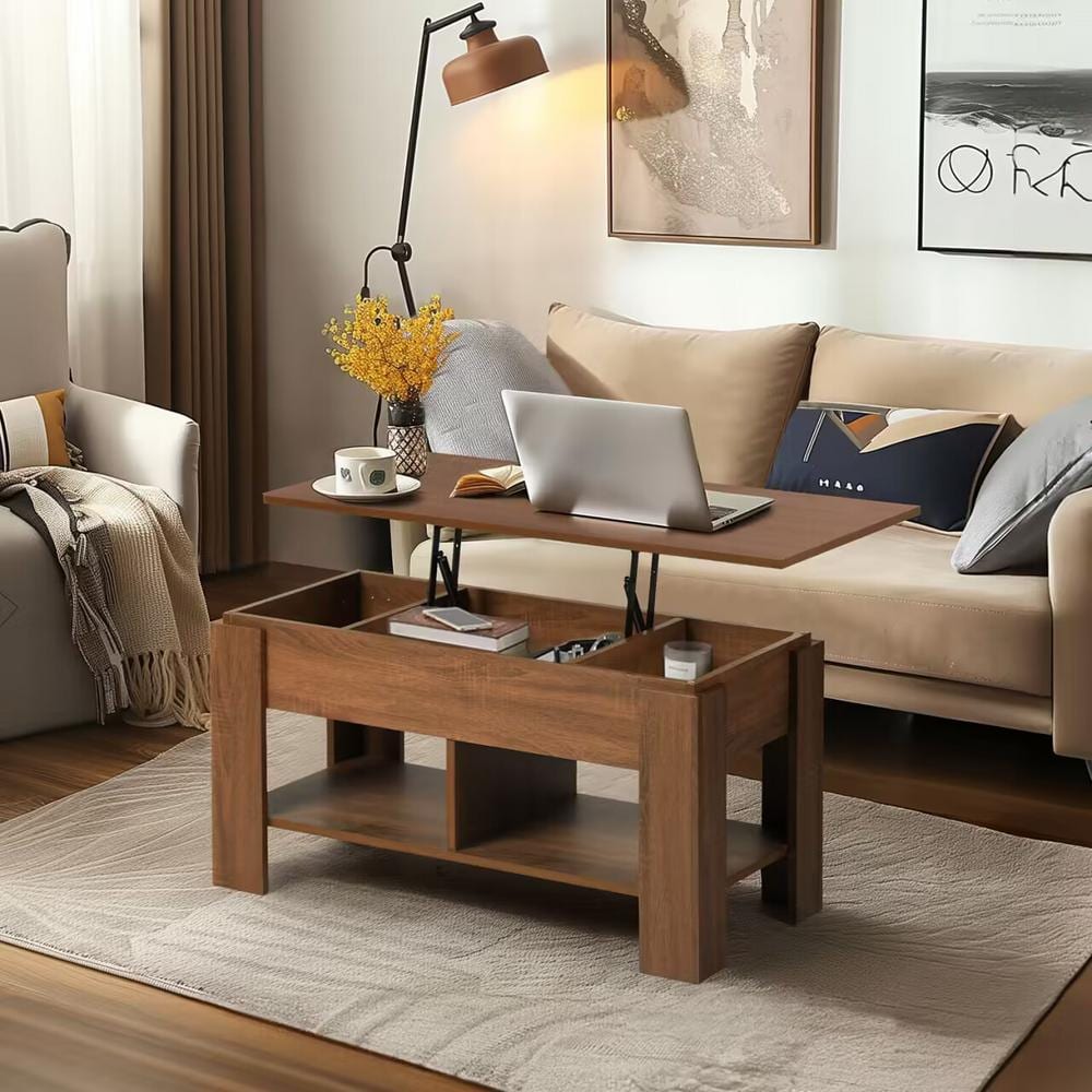 Homy Casa ELOT Farmhouse 37 in. W in Walnut Brown Finish Rectangle Wooden Top Coffee Table with Lift Top Versatile Storage ELOT BROWN 96 The Home Depot