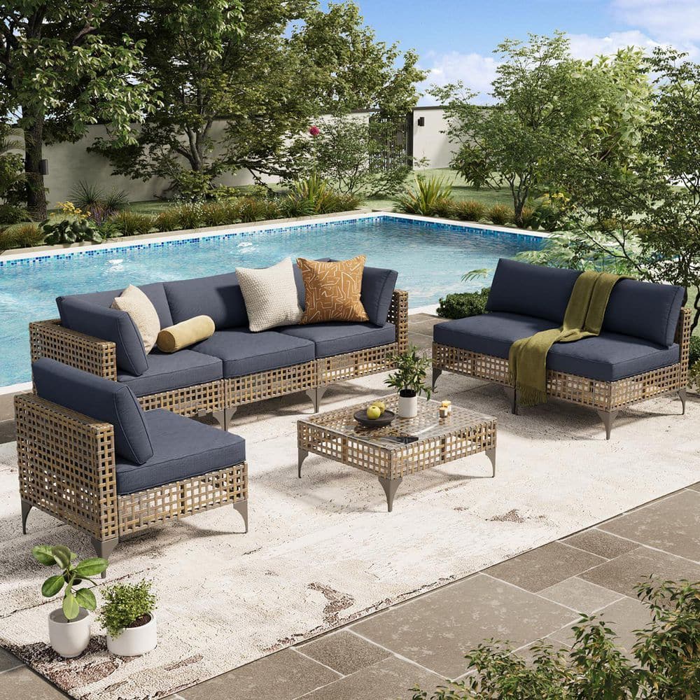 AECOJOY 7-Piece Patio Outdoor Wicker Furniture Sofa Set with Tea Table ...