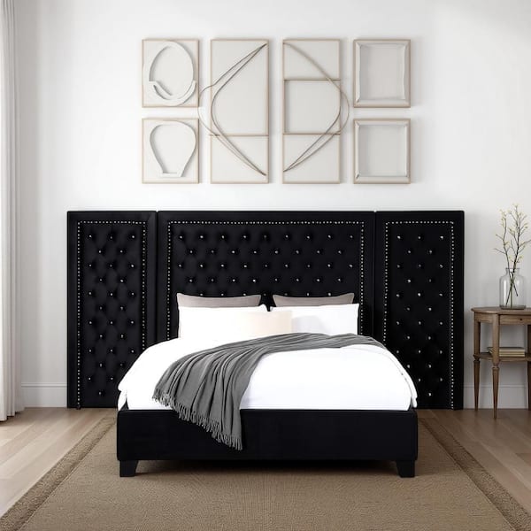 Benjara Cleo Blue Wood Frame King Size Panel Bed with Headboard ...