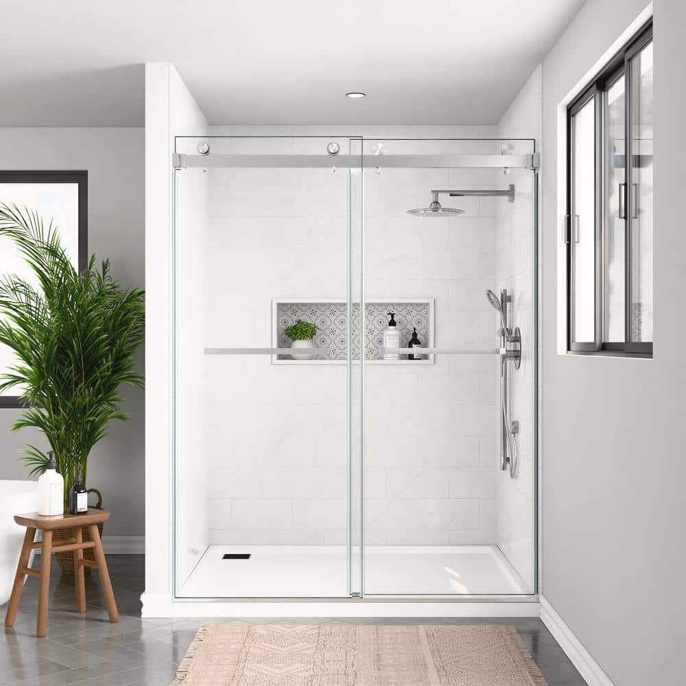 mortix 62-66 in. W x 76 in. H Double Sliding Frameless Shower Door in Brushed Nickel with Smooth ...