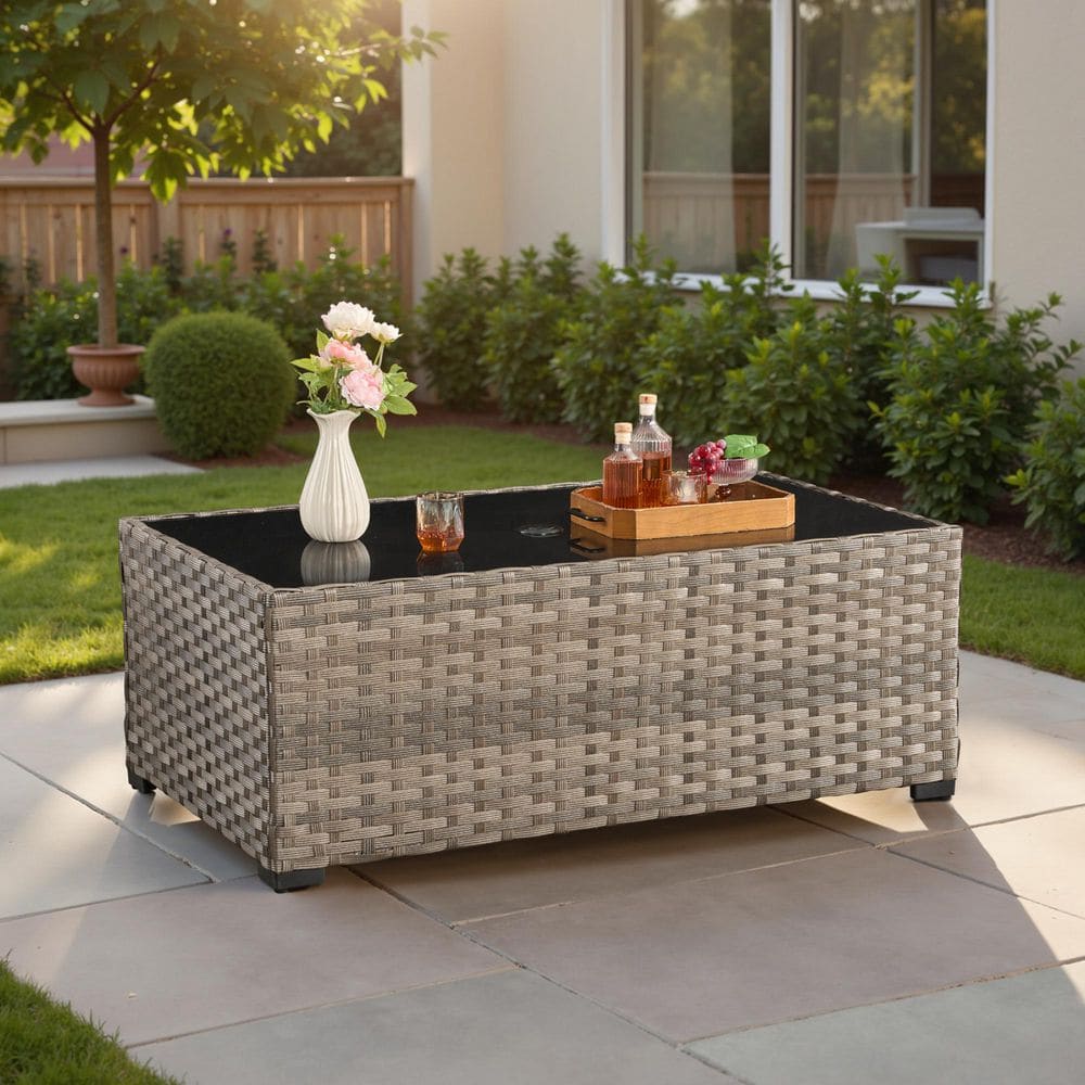 OVIOS MISOBBR Outdoor PE Wicker Coffee Table Rectangle Tempered Glass ...