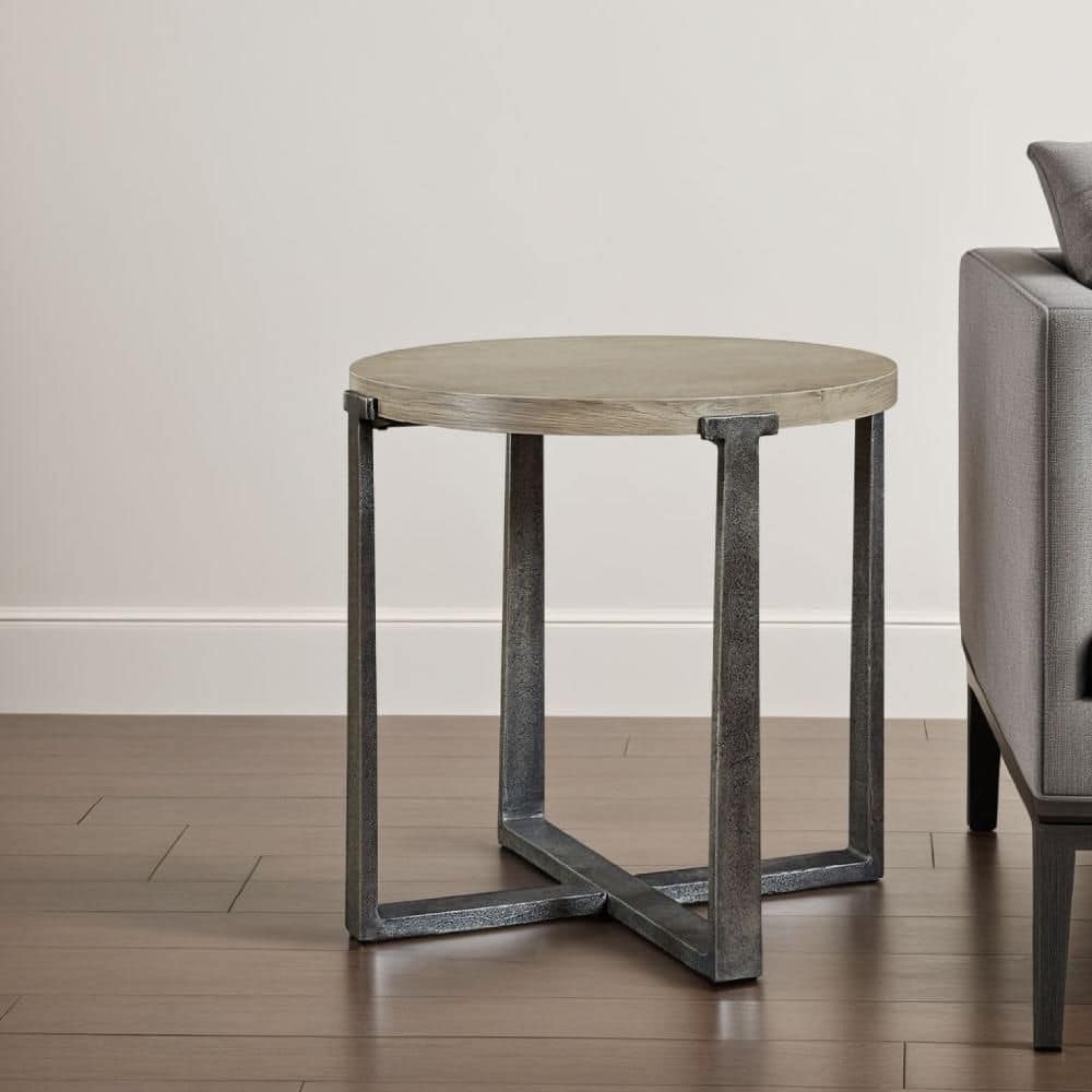 Benjara Dalen 24 in. Gray and Pewter Round Wooden End Table BM327394 ...