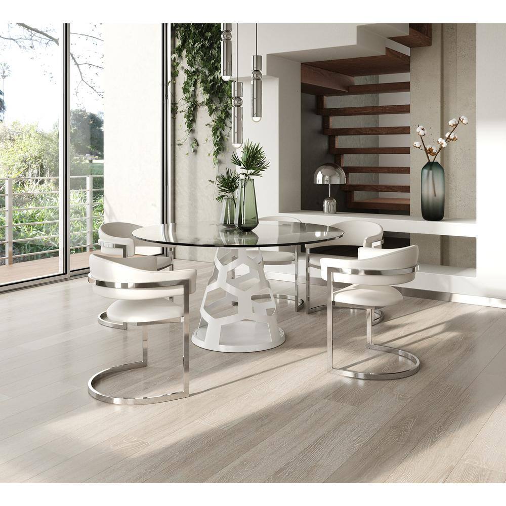 MR MODREST Lilly Modern White Glass 59 in. Pedestal Dining Table Seats ...