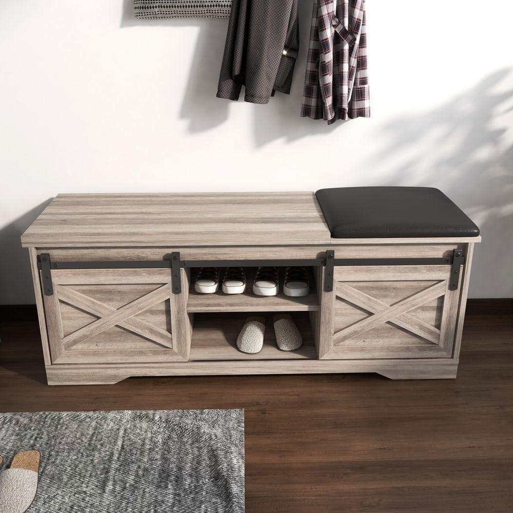 17.7 in. H x 47 in. W Old Pine Wood Shoe Storage Bench with Sliding ...