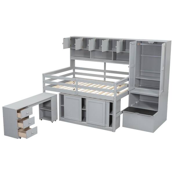 Polibi Gray Full Size Wood Loft Bed with Under-bed Desk, Drawers, Shelves RD14-19545AAE - The ...