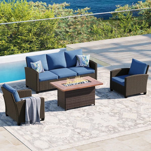 DIFY 4-Piece Wicker Outdoor Patio Conversation Set with Fire Pit Table and Blue Cushions CS04-4 ...