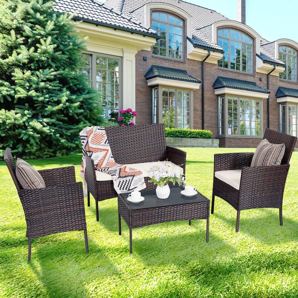 Sudzendf 4-Piece Brown Wicker Patio Conversation Set with Beige ...