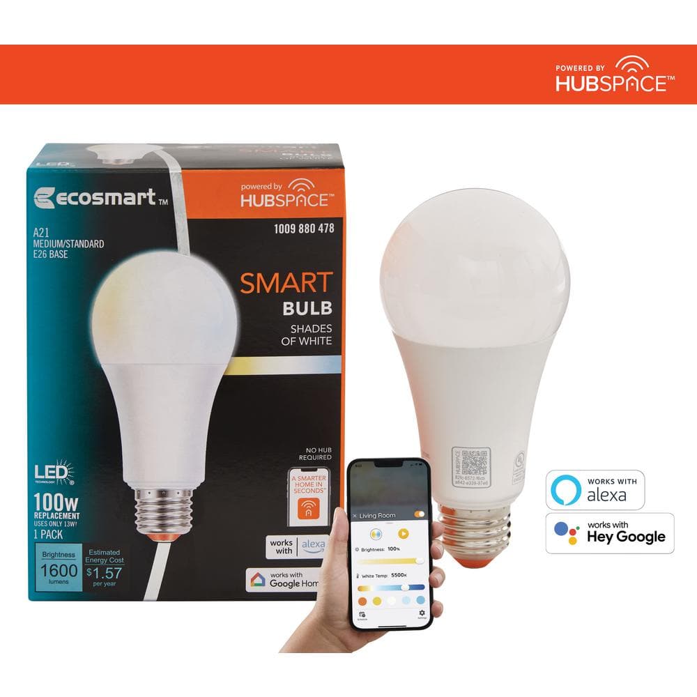 EcoSmart 100-Watt Equivalent Smart A21 Tunable White CEC LED Light Bulb ...
