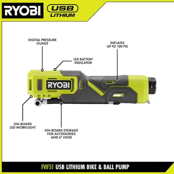 RYOBI USB Lithium Cordless Bike and Ball Pump Inflator Kit with 2.0 Ah ...