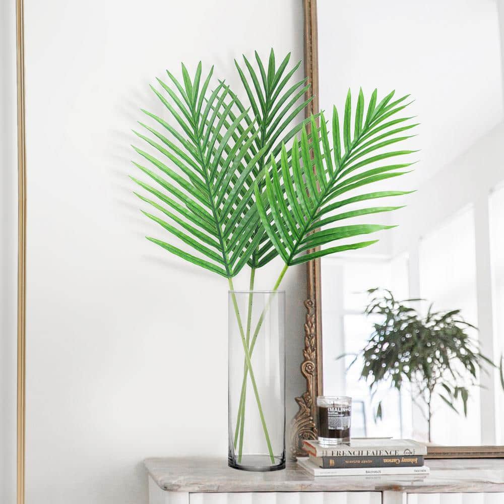 LIVING LUXURY 25.5 in. Artificial Hawaiian Areca Palm Leaf Stem Tropical Plant Greenery Foliage Spray Branch Set of 3 83821 GR The Home Depot