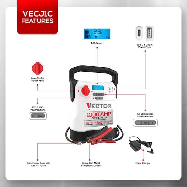 VECTOR 1000 Amp Jump Starter, Compressor, USB Power VECJ1C - The Home Depot