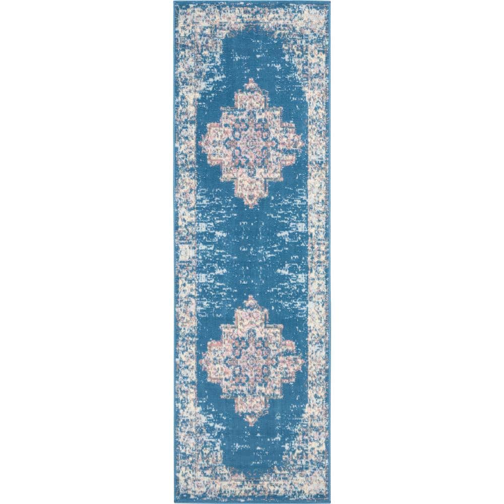 Nourison Grafix Blue 2 ft. x 8 ft. Persian Medallion Transitional ...