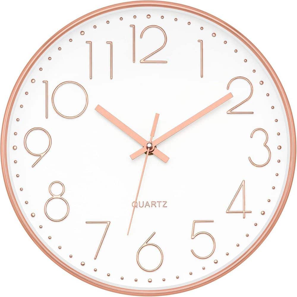 14 in. Rose Gold Analog Large Silent Non-Ticking Battery Operated Round ...