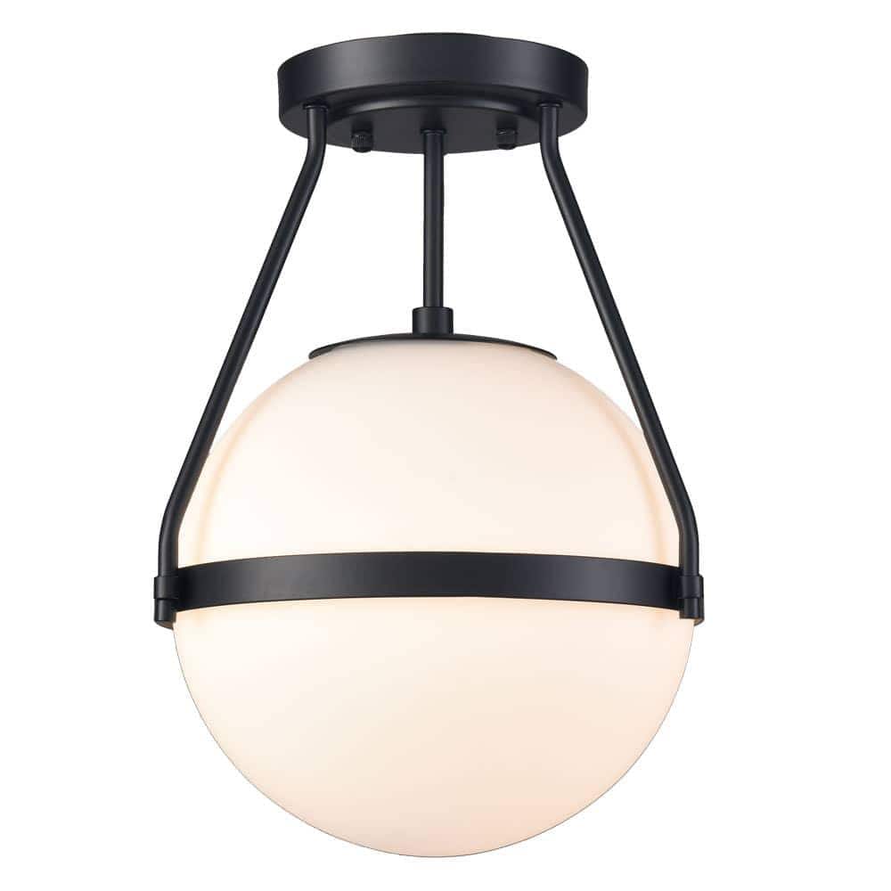 CLAXY 13.25 in. 1-Light Black Modern Semi-Flush Mount with Frosted ...
